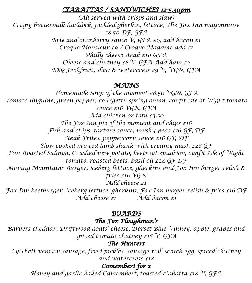 Menu | The Fox Inn Corfe Castle