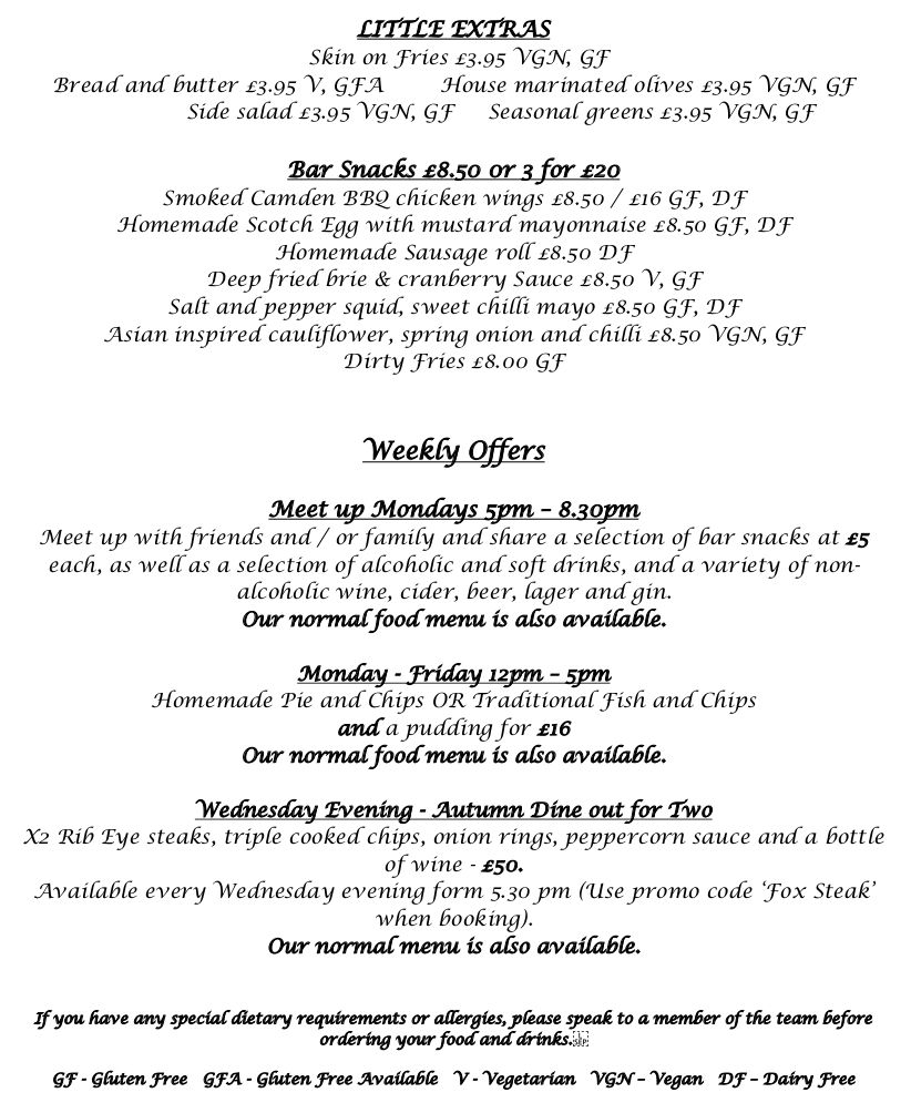 Menu | The Fox Inn Corfe Castle