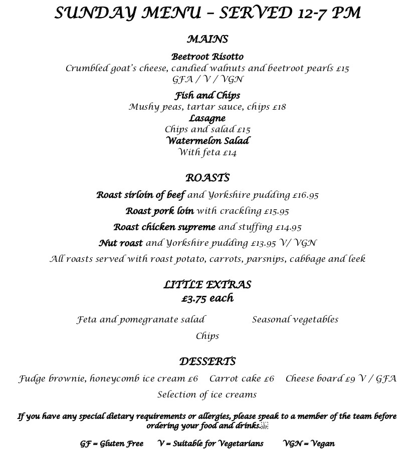 Sunday Menu | The Fox Inn Corfe Castle