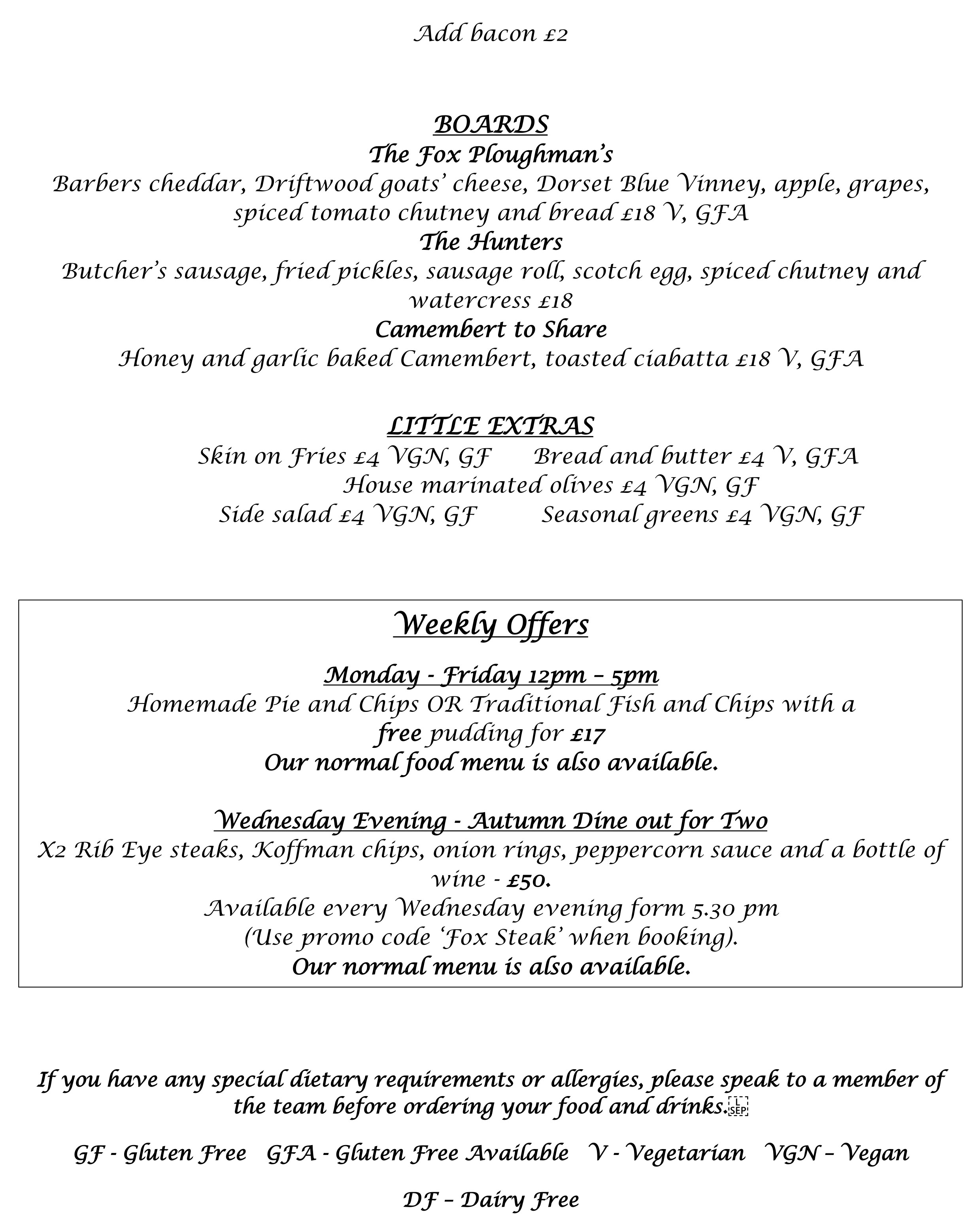 Menu | The Fox Inn Corfe Castle