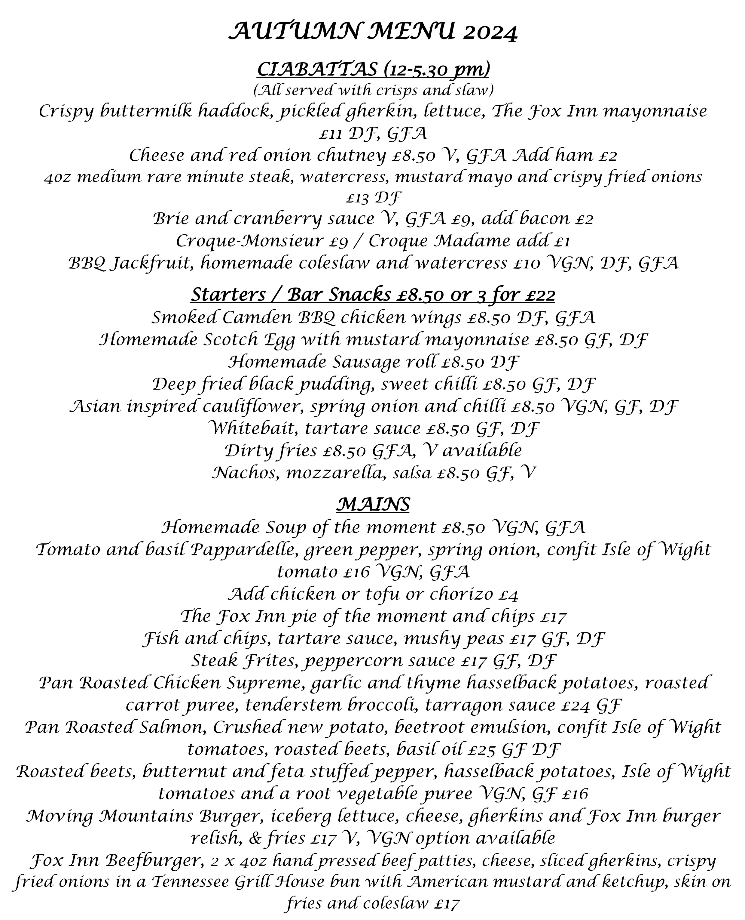 Menu | The Fox Inn Corfe Castle