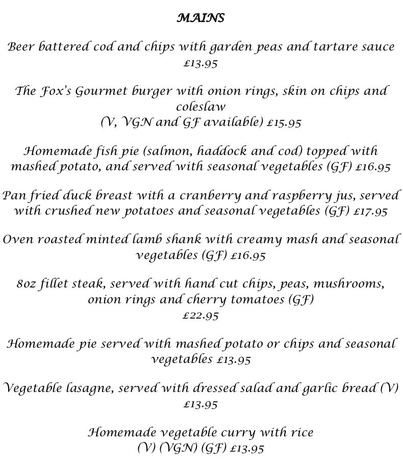 Menu | The Fox Inn Corfe Castle