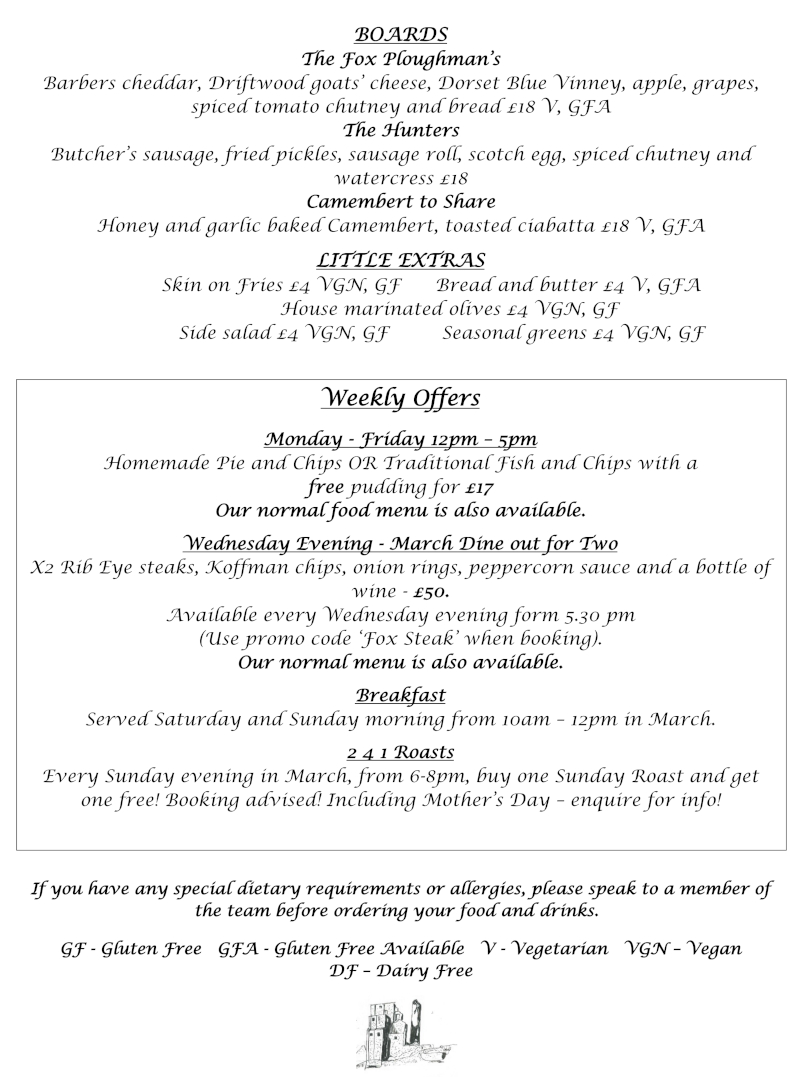 Menu | The Fox Inn Corfe Castle
